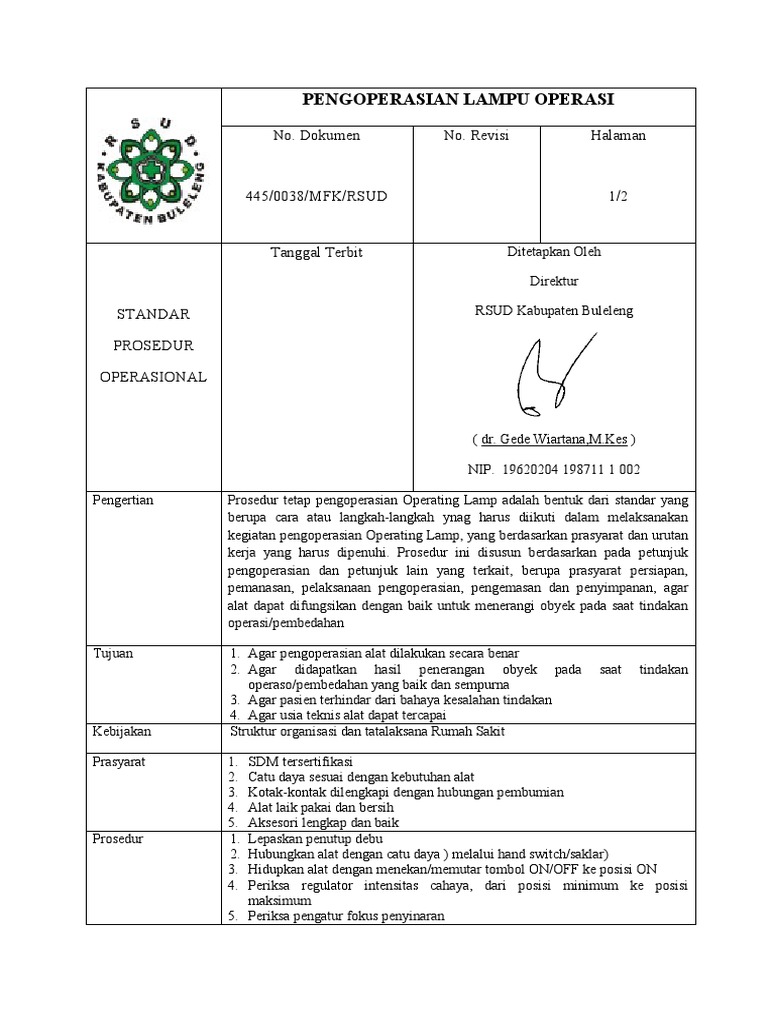 SOP Pengoperasian Lampu Operasi | PDF