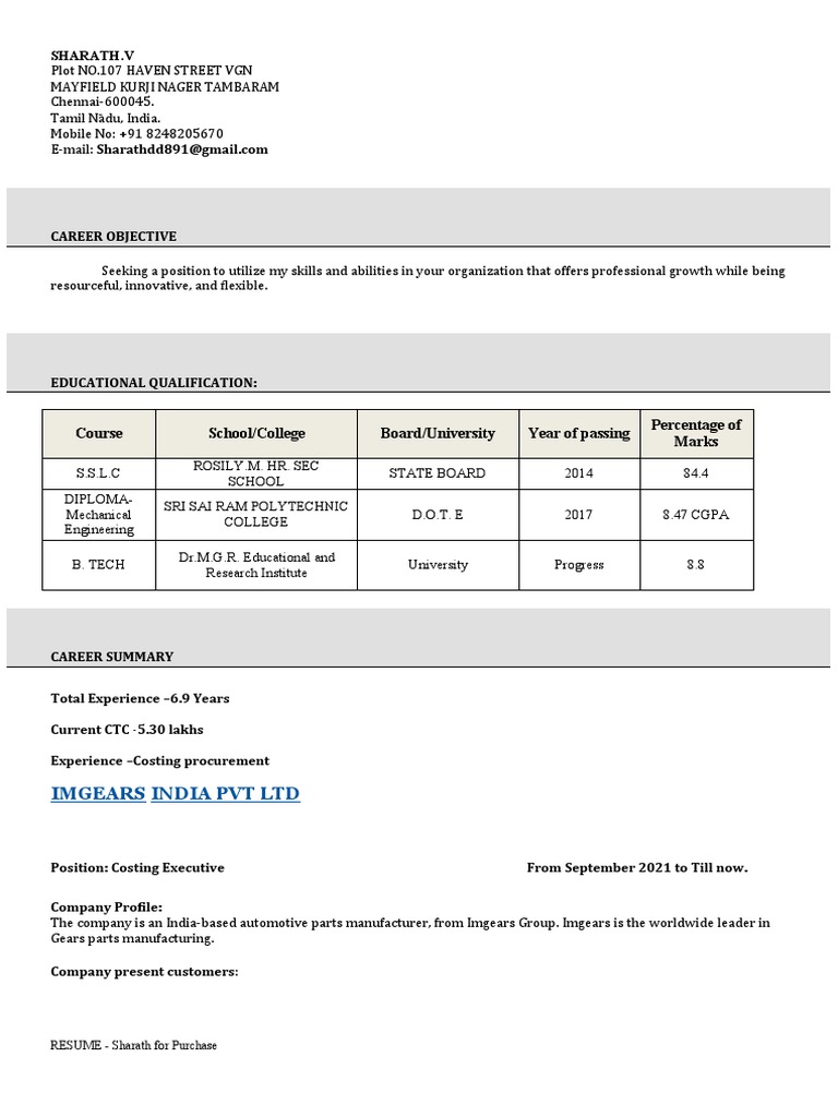 Resume_SHARATH_2023-Updated nissan | PDF | Risk Management | Inventory