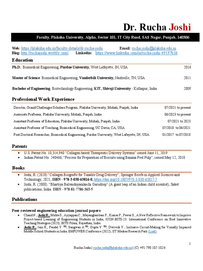 Rucha Joshi CV 6 July 2023 RVJST | PDF | Biomedical Engineering | Biomechanics