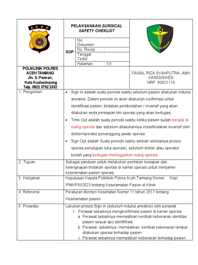 Sop Surgical Safety Checklist | PDF