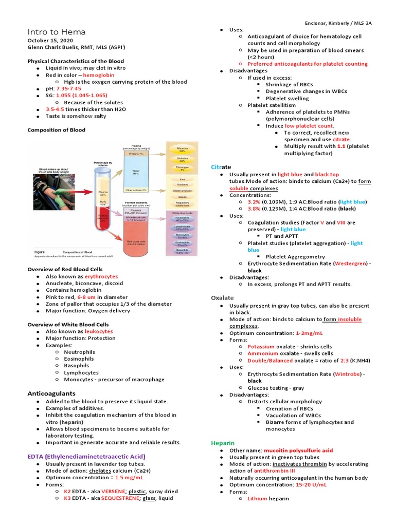 1 Intro To Hematology | PDF | Platelet | Coagulation