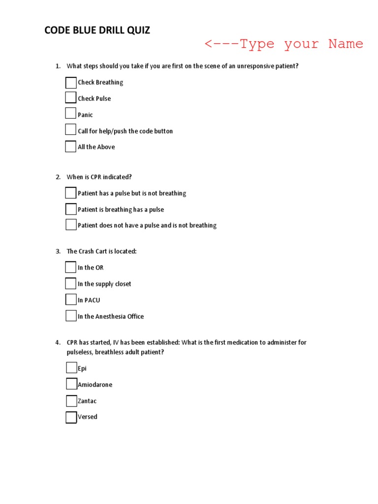 Code Blue Drill Quiz | PDF | Wellness