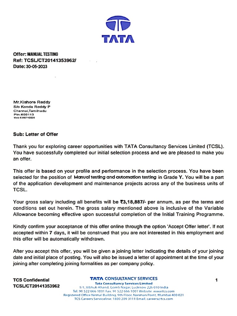 kishore offer letter | PDF