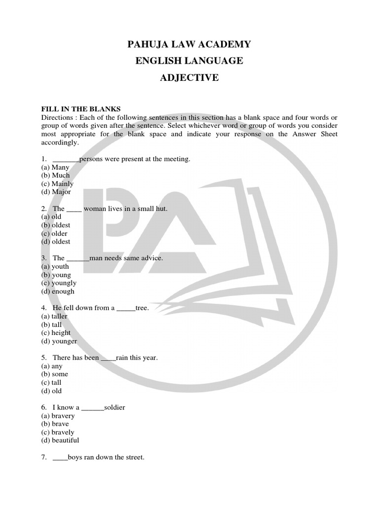 Adjective Fill-in-the-Blanks Exercise | PDF