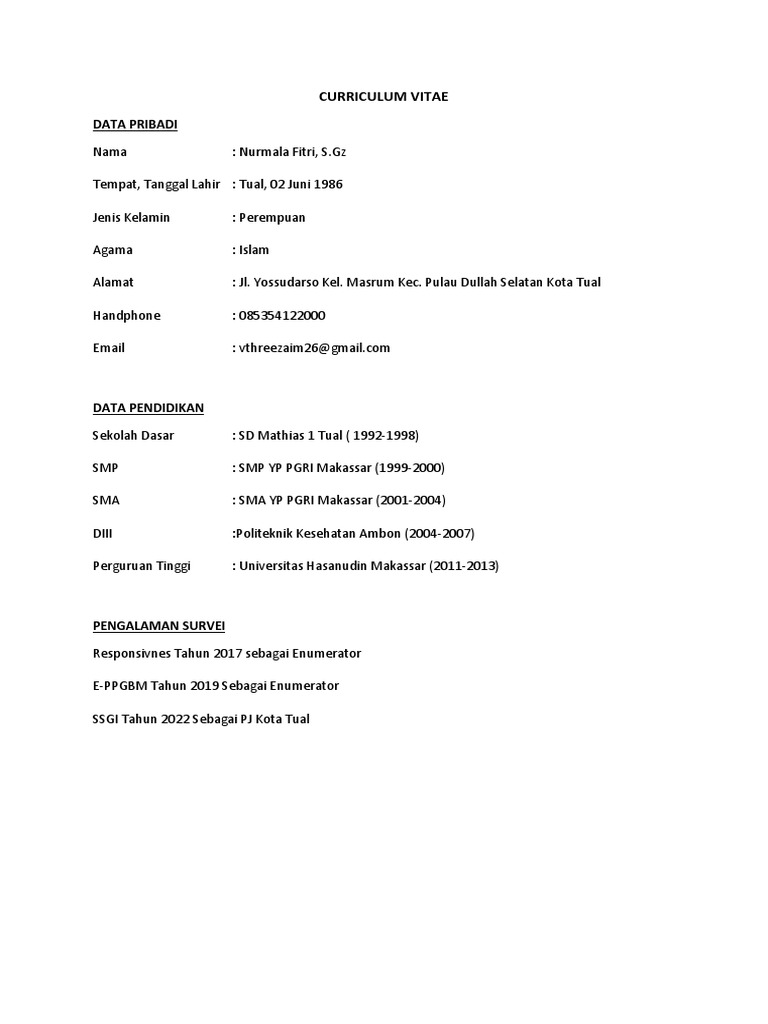 CV Nurmala Fitri, S.Gz: Profil & Pengalaman | PDF | Pengembangan Diri