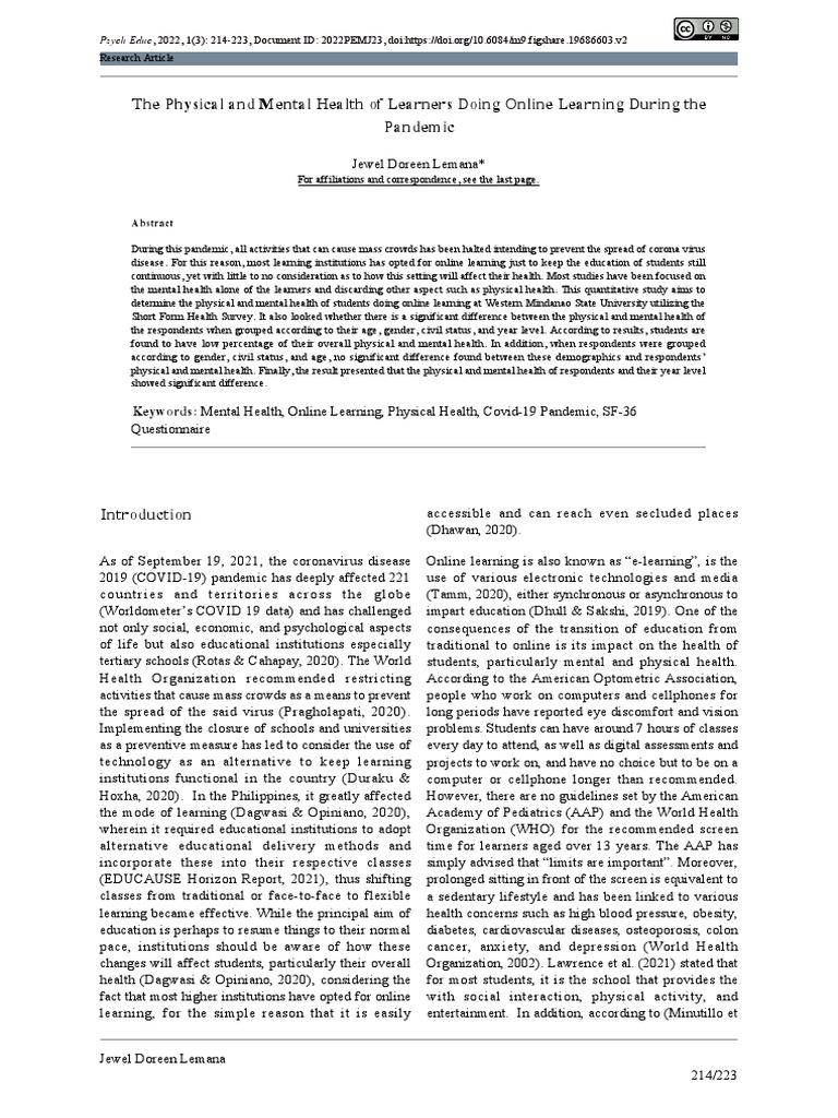 The Physical and Mental Health of Learners Doing Online Learning During The Pandemic | PDF ...