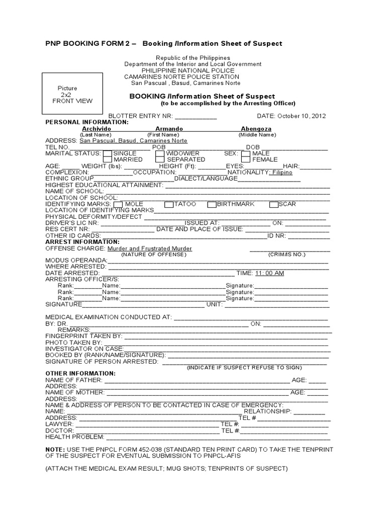 Arrest and Booking Form | PDF | Government | Crimes
