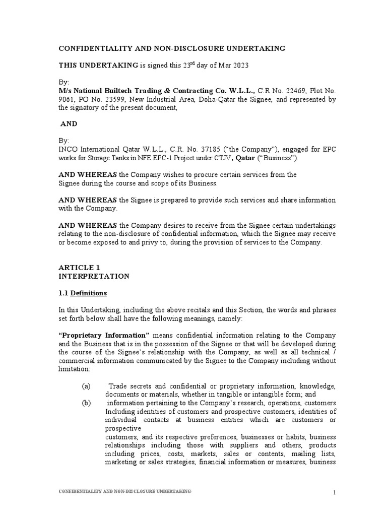 Confidentiality Non Disclosure Undertaking - Qatar | PDF | Trade Secret ...