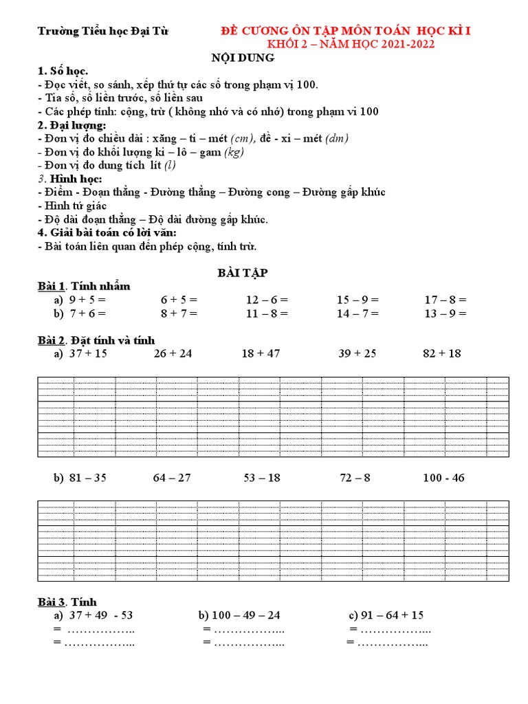 ĐỀ CƯƠNG ÔN TẬP TOÁN -TV HK1 - 2021 | PDF