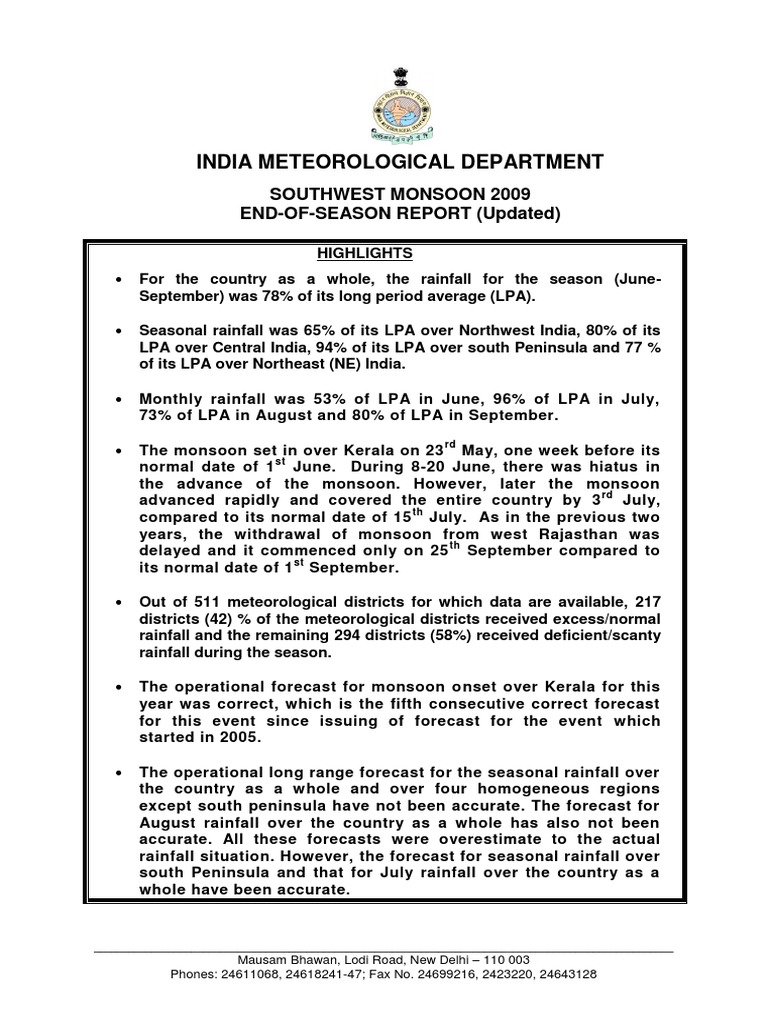IMD End Season Report | PDF | Monsoon | Rain