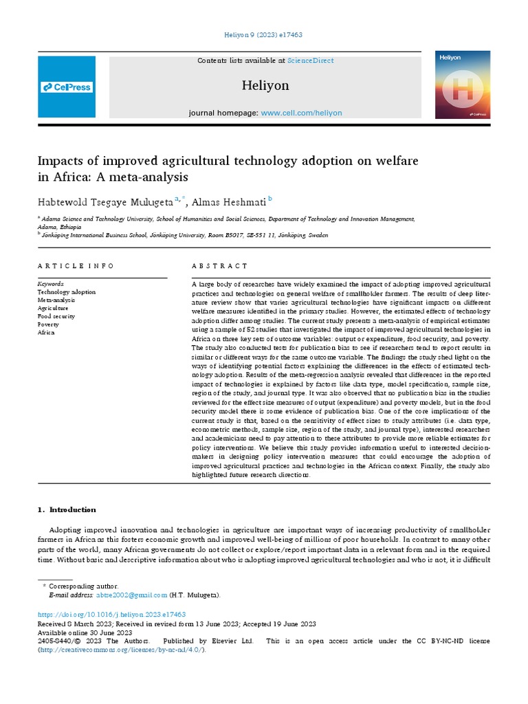 Impacts of Improved Agricultural Technology Adoption On Welfare I ...