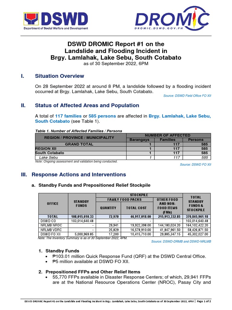 DSWD DROMIC Report 1 On The Landslide and Flooding Incident in Lake ...