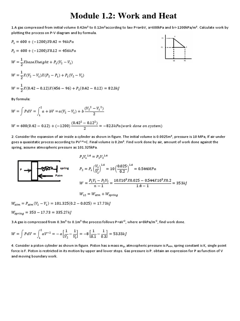 Mod 1.2 Work and Heat Problems With Solutions | PDF | Piston | Gases