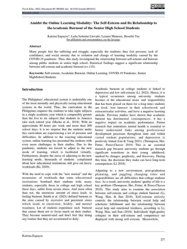 Amidst the Online Learning Modality: The Self-Esteem and Its ...