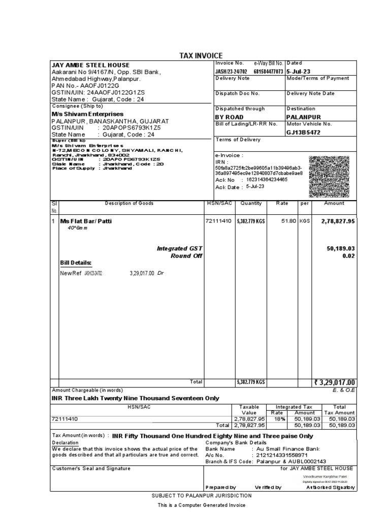 Tax Invoice: Description of Goods Amount Per Rate Quantity Hsn/Sac ...