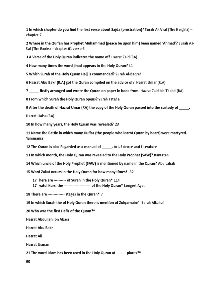 Islamic Quiz Questions and Answers | PDF | History | Religion ...