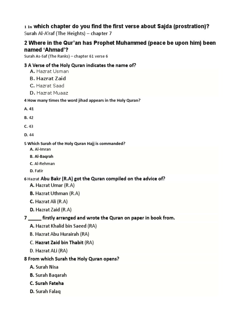 Quiz Questions | PDF | Surah | Quran