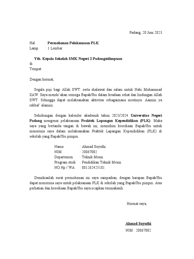 Surat Permohonan PLK SMK 2 Sidimpuan | PDF