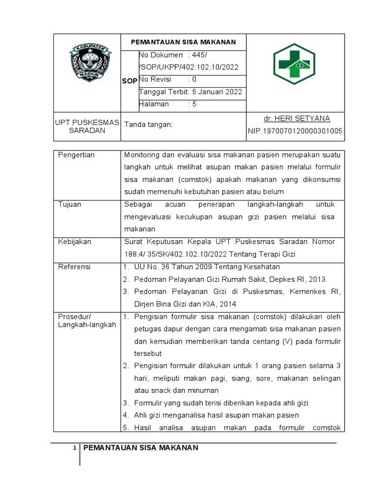 SOP Pemantauan Sisa Makanan | PDF