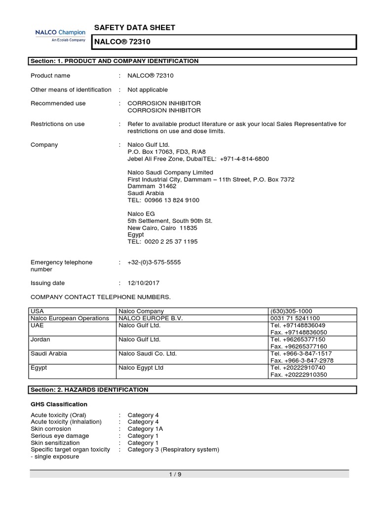 Nalco 72310 SDS | PDF | Personal Protective Equipment | Toxicity