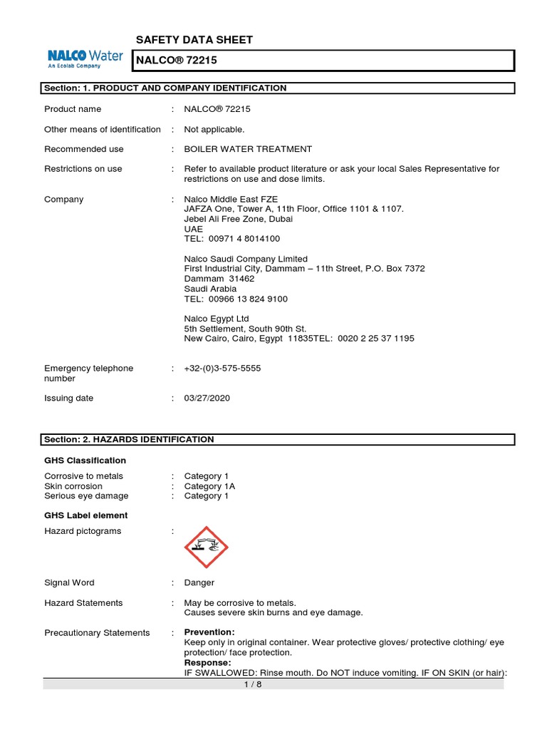 Nalco 72215 (GHS) | PDF | Personal Protective Equipment | Toxicity