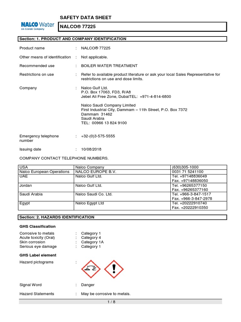 Nalco 77225 Sds Ghs Pdf Toxicity Dangerous Goods