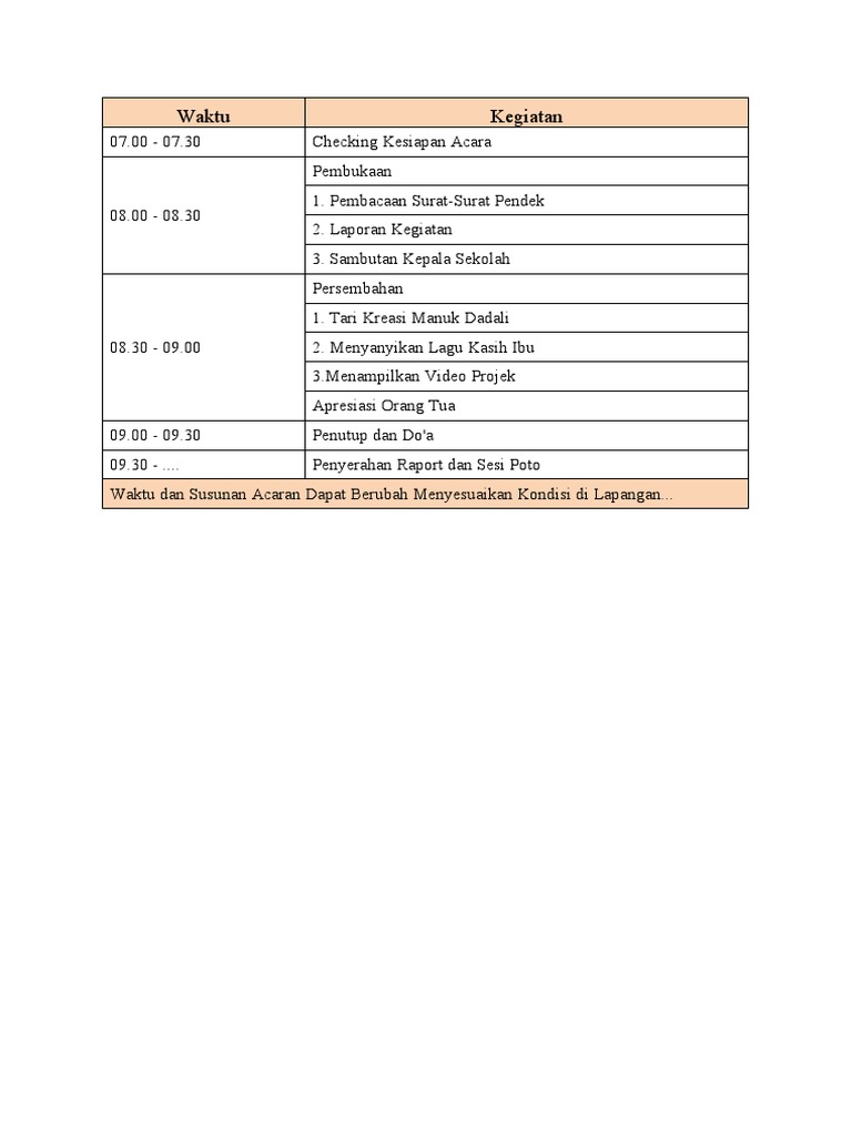 Rundown Acara Kegiatan TK | PDF