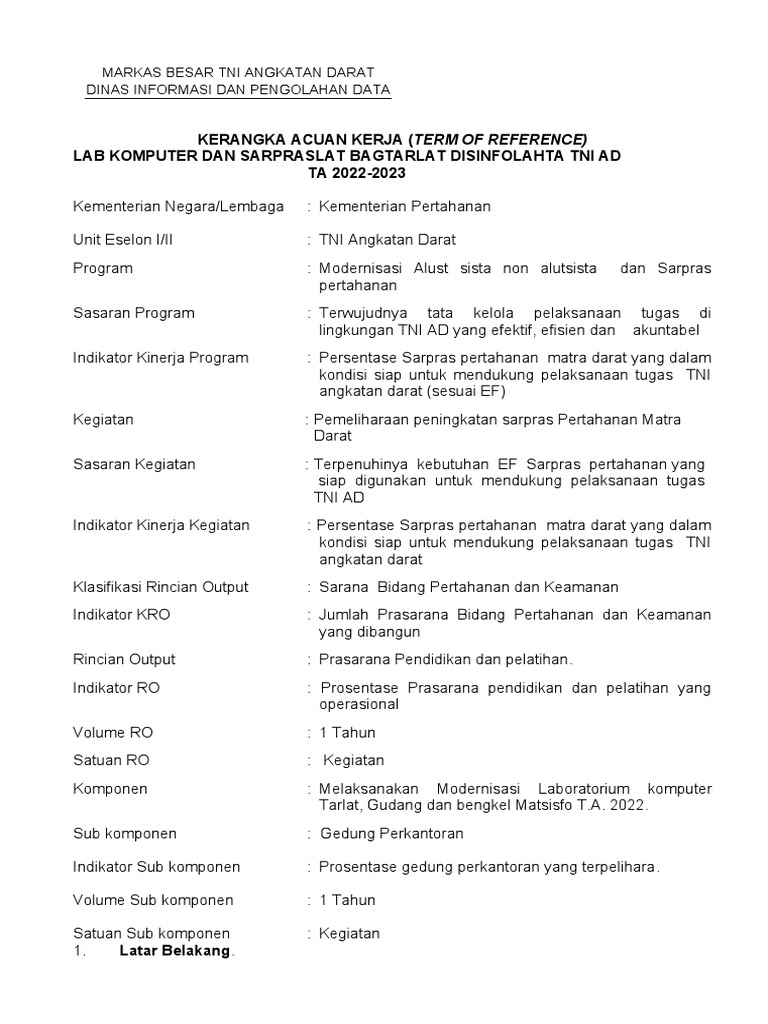 TOR Lab Komputer Dan Sarpraslat Bagtarlat Disinfolahta TNI AD | PDF