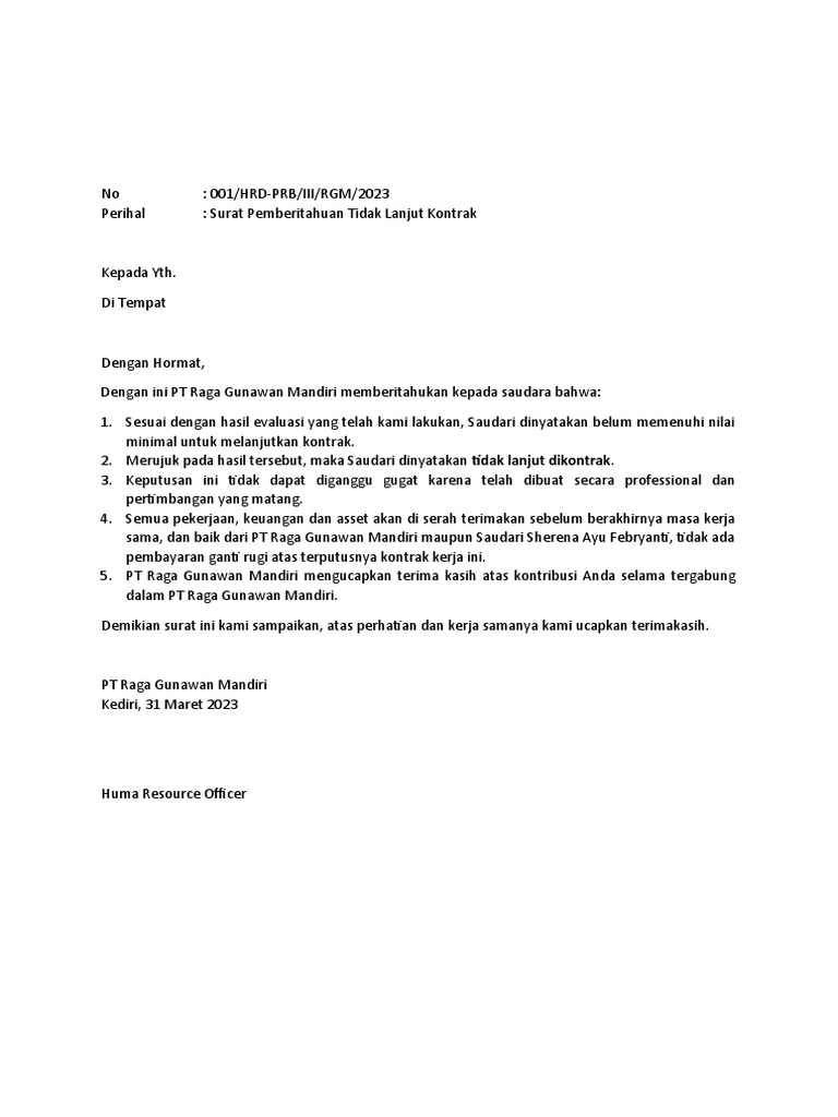 Surat Tidak Lulus Probation | PDF