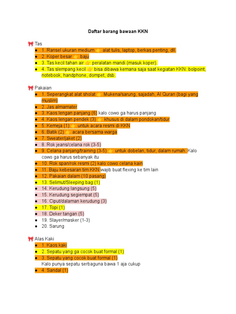 Daftar Barang Bawaan KKN | PDF