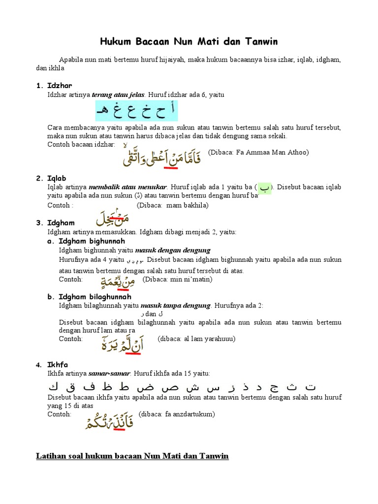 Hukum Bacaan Nun Mati Dan Tanwin | PDF