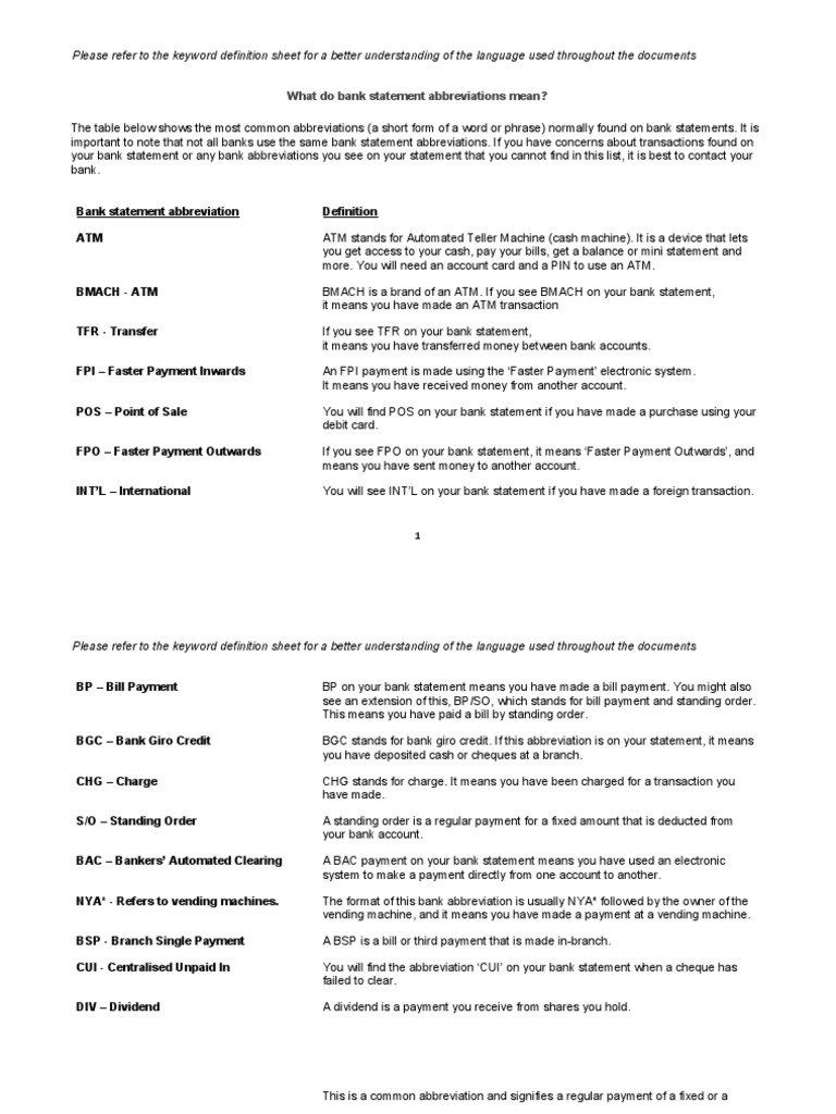 Bank Statement Abbreviations Guide | PDF | Banks | Payments