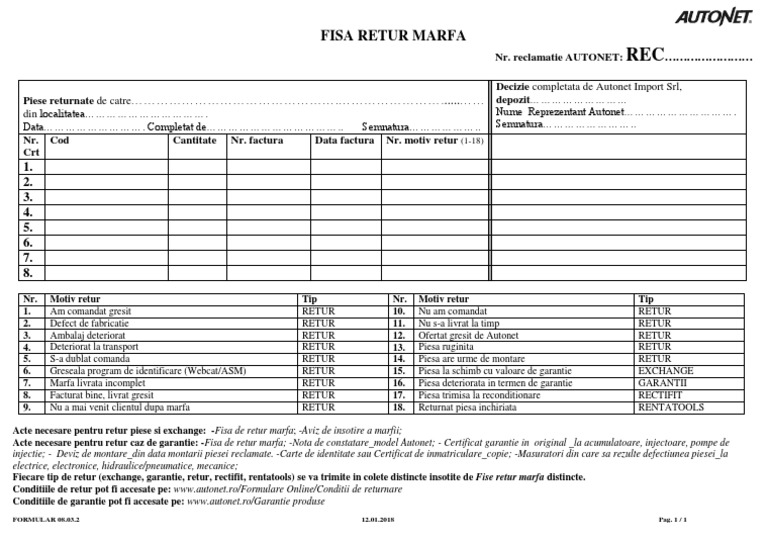 Fisa Retur Marfa Autonet | PDF
