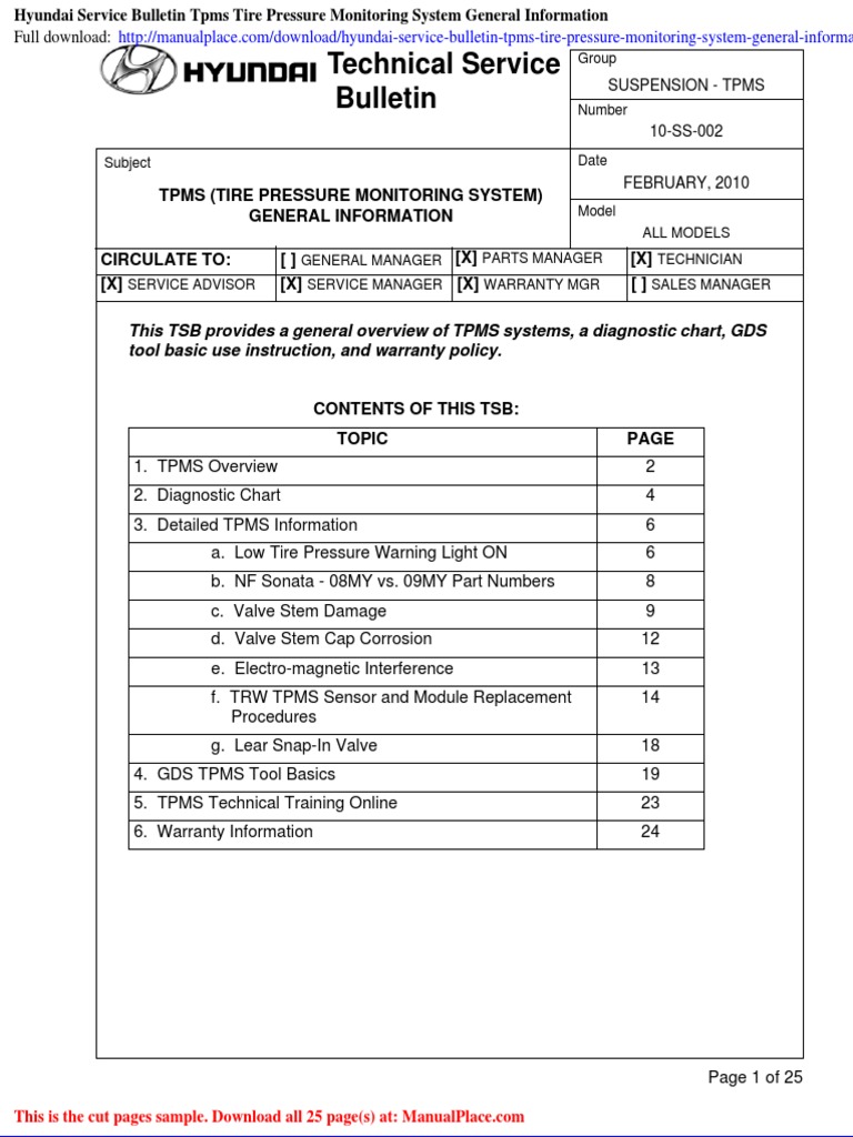Hyundai Service Bulletin Tpms Tire Pressure Monitoring System General ...