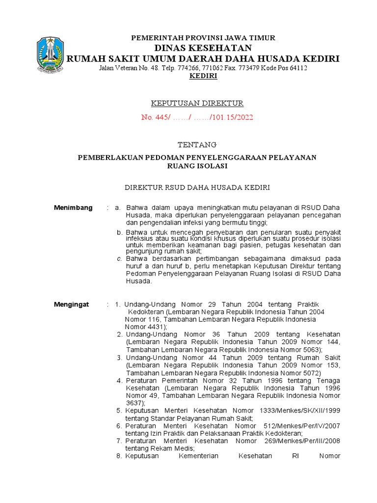Pedoman Pelayanan Ruang Isolasi RSUD Kediri | PDF