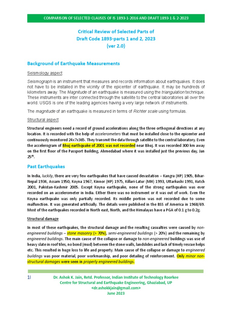 Critical Review of is 1893-1 and -2 Draft 2023 Ver 2 | PDF | Earthquake Engineering | Earthquakes