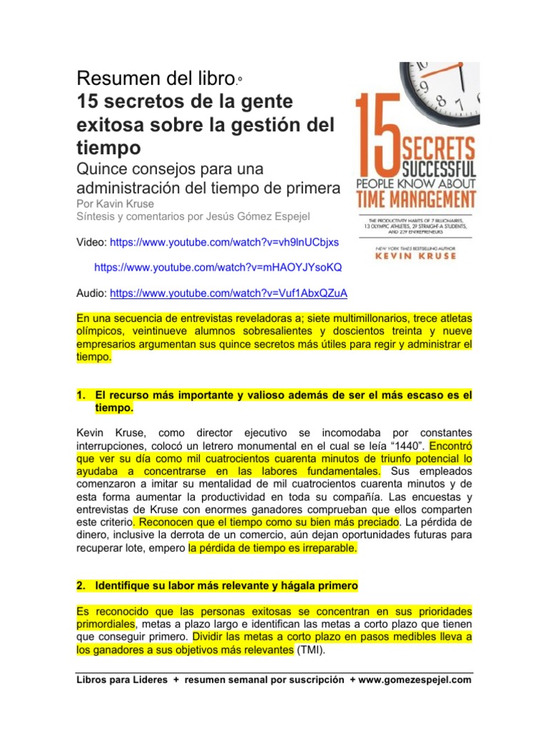 Resumen Del Libro o 15 Secretos de La Gente Exitosa Sobre La Gestión Del Tiempo | PDF