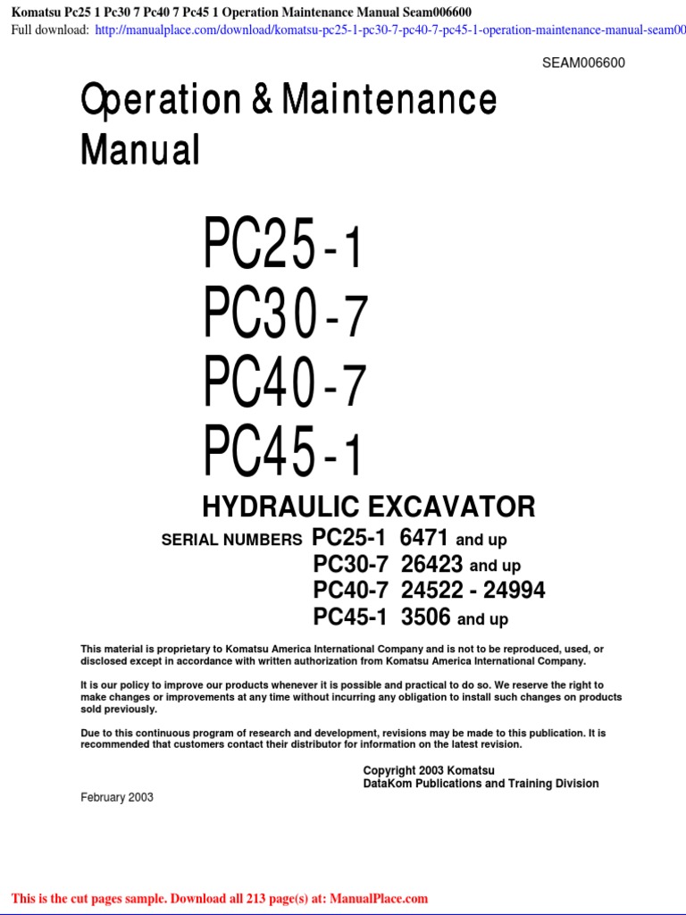 Komatsu Pc25 1 Pc30 7 Pc40 7 Pc45 1 Operation Maintenance Manual Seam006600 | PDF