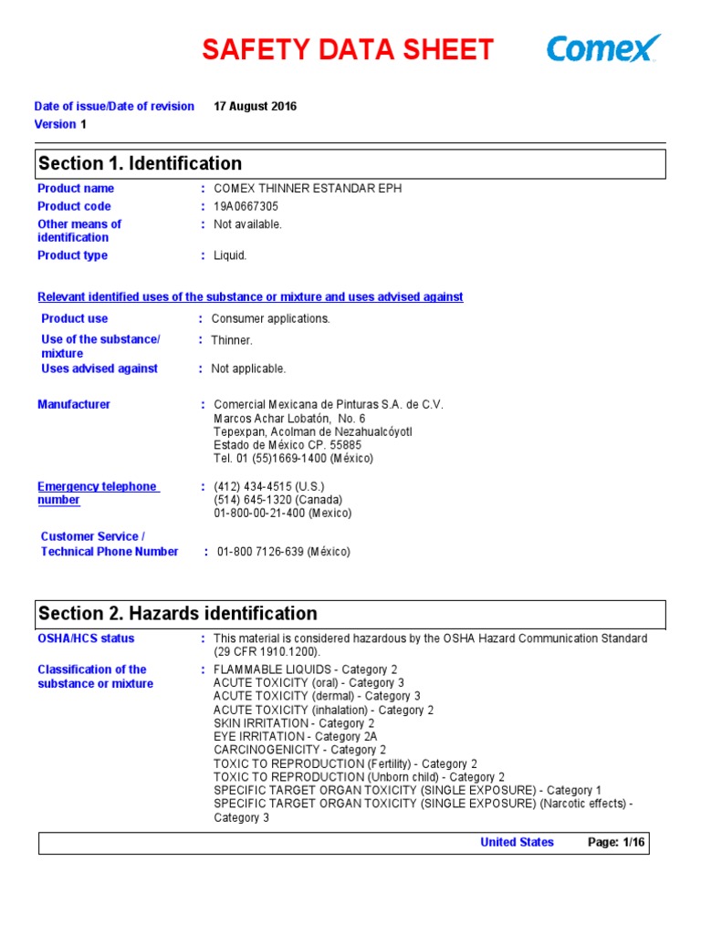 COMEX THINNER ESTANDAR EPH | PDF | Toxicity | Personal Protective Equipment