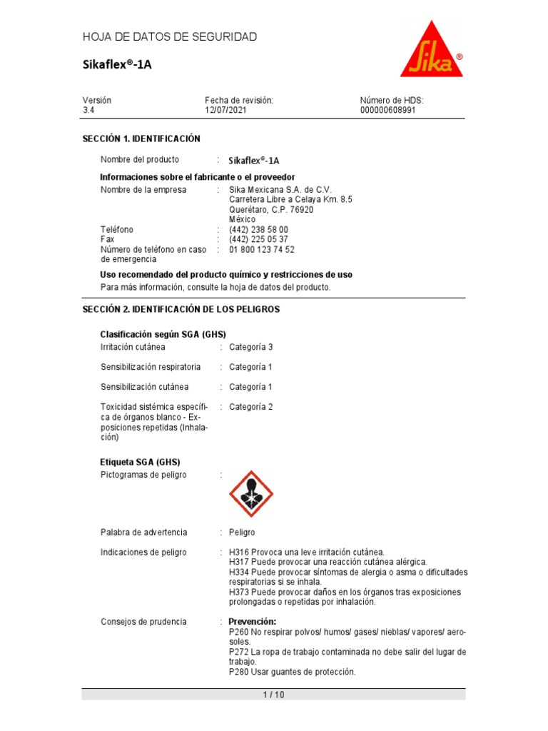 Hoja de Datos de Seguridad Sikaflex-1a | PDF | Alergia | Agua