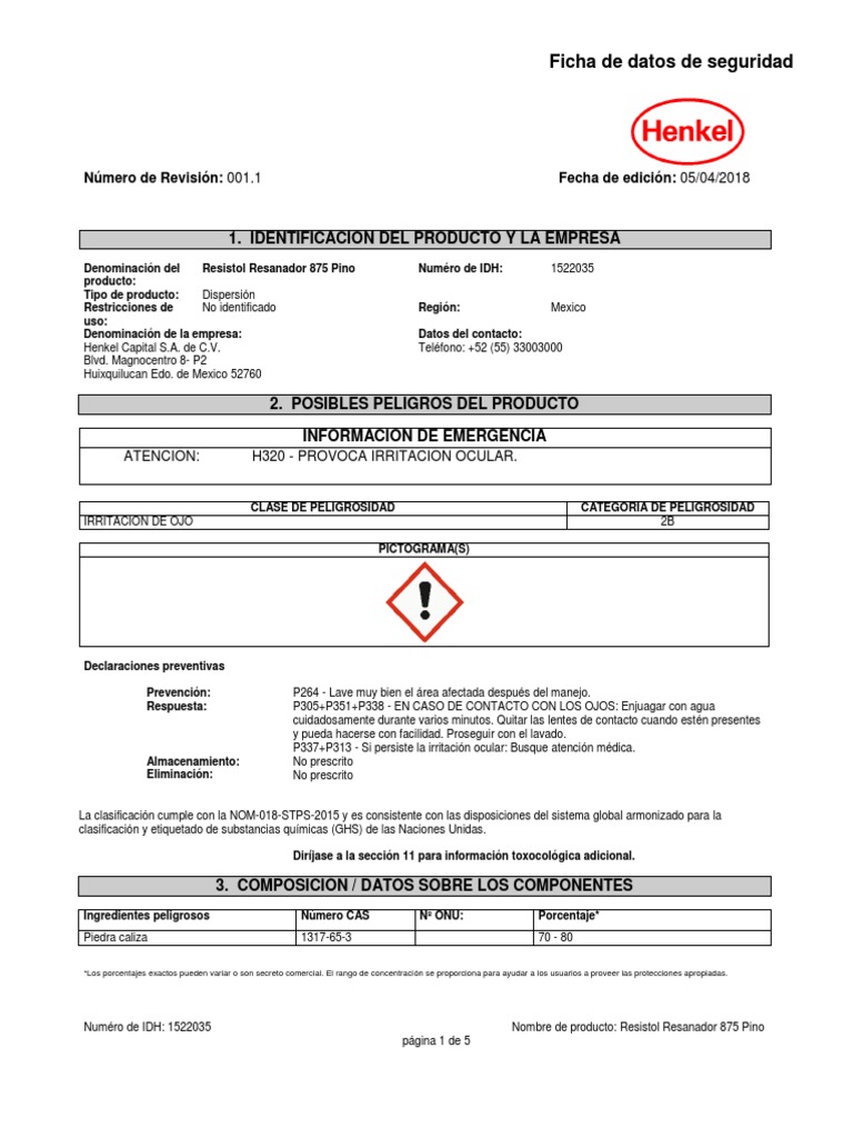Hoja de Datos de Seguridad Resistol Resansanador para Madera | PDF ...