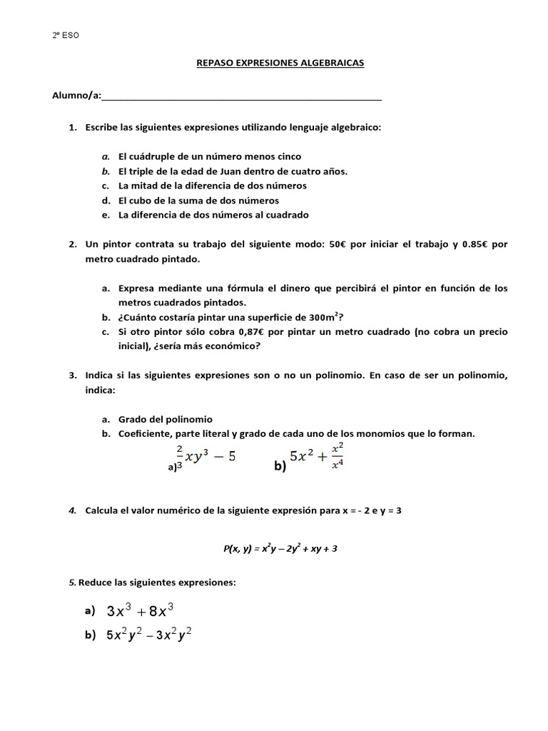 Repaso Expresiones Algebraicas 2 ESO | PDF