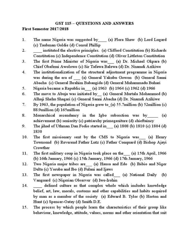 GST 115 Questions From Comr. Ayeni Opeyemi Isaac. Pka Mavas | PDF | Nigeria GST 115 Questions From Comr. Ayeni Opeyemi Isaac. Pka Mavas | PDF | Nigeria