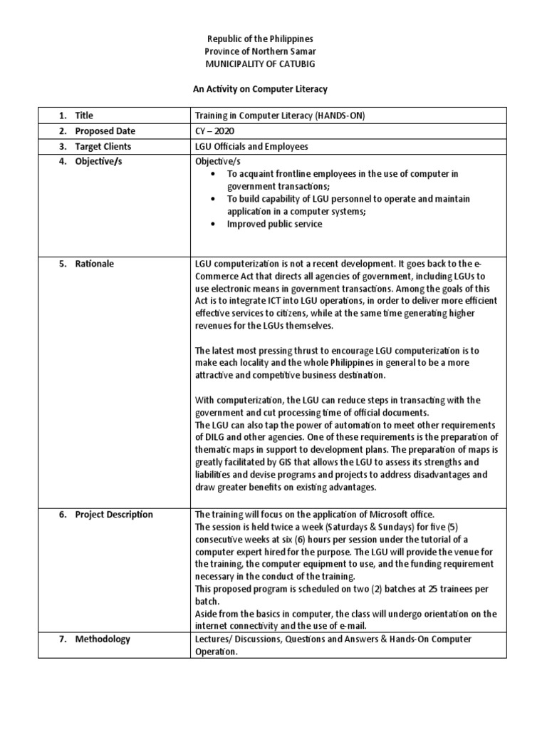 Activity Proposal On Computer Literacy Pdf Automation Computing