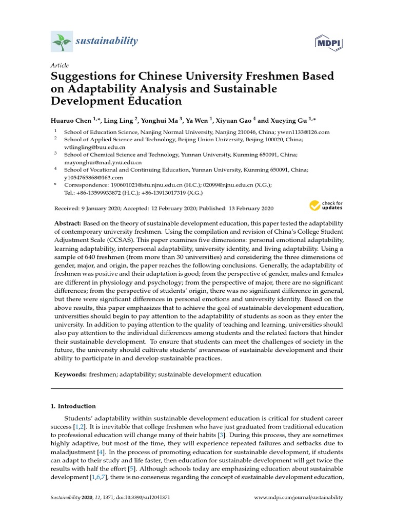 Suggestions For Chinese University Freshmen Based On Adaptability Analysis and Sustainable ...