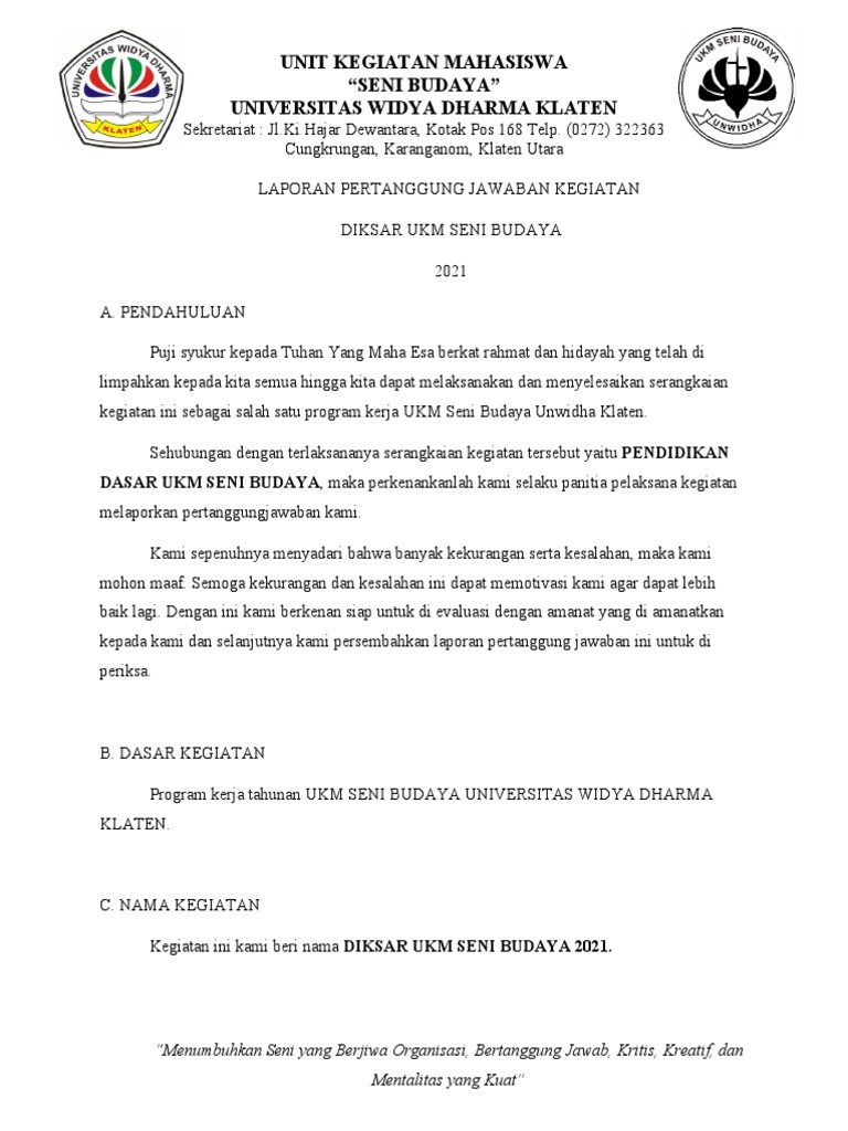 Laporan Pertanggungjawaban Diksar Seni Budaya | PDF