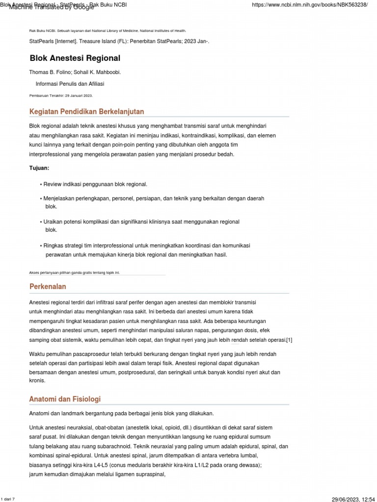 Regional Anesthetic Blocks - StatPearls - NCBI Bookshelf(1) | PDF