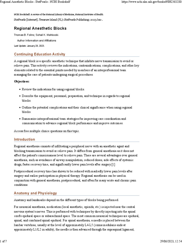 Regional Anesthetic Blocks - StatPearls - NCBI Bookshelf | PDF ...
