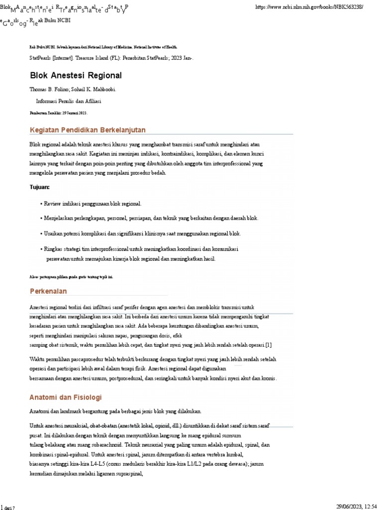 Regional Anesthetic Blocks - StatPearls - NCBI Bookshelf(1) (1) | PDF