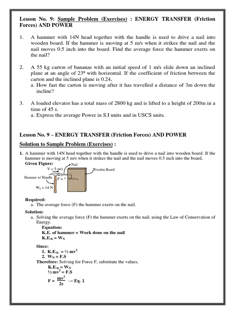 Lesson No.9.Exercises - Physics For Engineers - Energy and Power - July2023 | PDF | Force | Hammer
